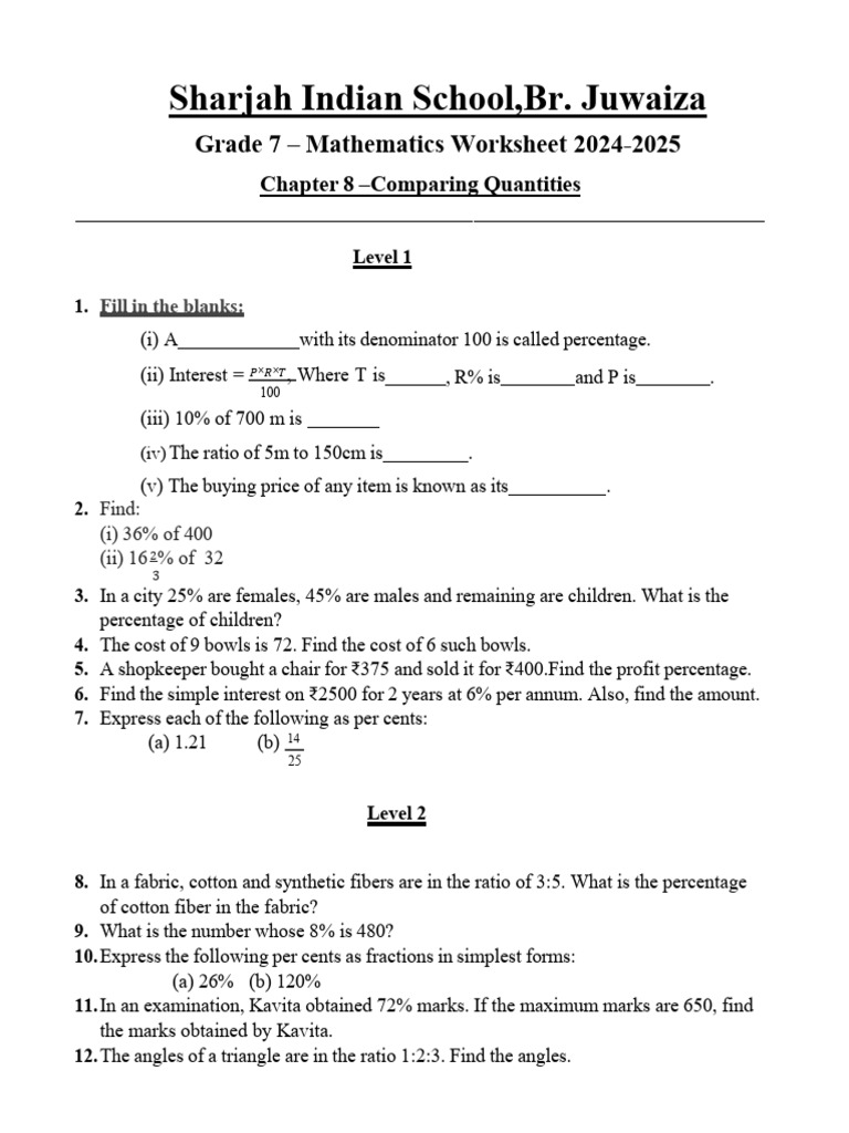Comparing Quantities Worksheet | PDF | Percentage | Ratio