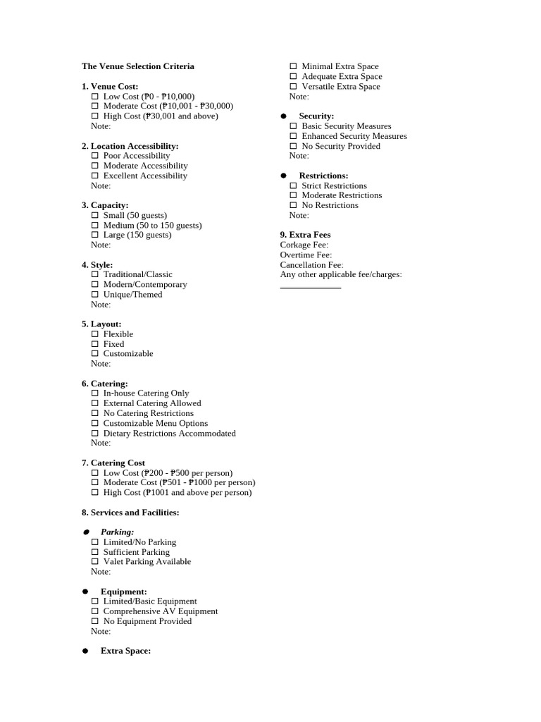 The Venue Selection Criteria | PDF | Parking