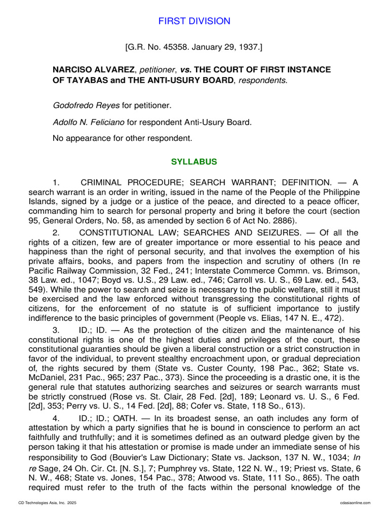 6.09 Alvarez v. Court of First Instance of Tayabas | PDF | Search And ...