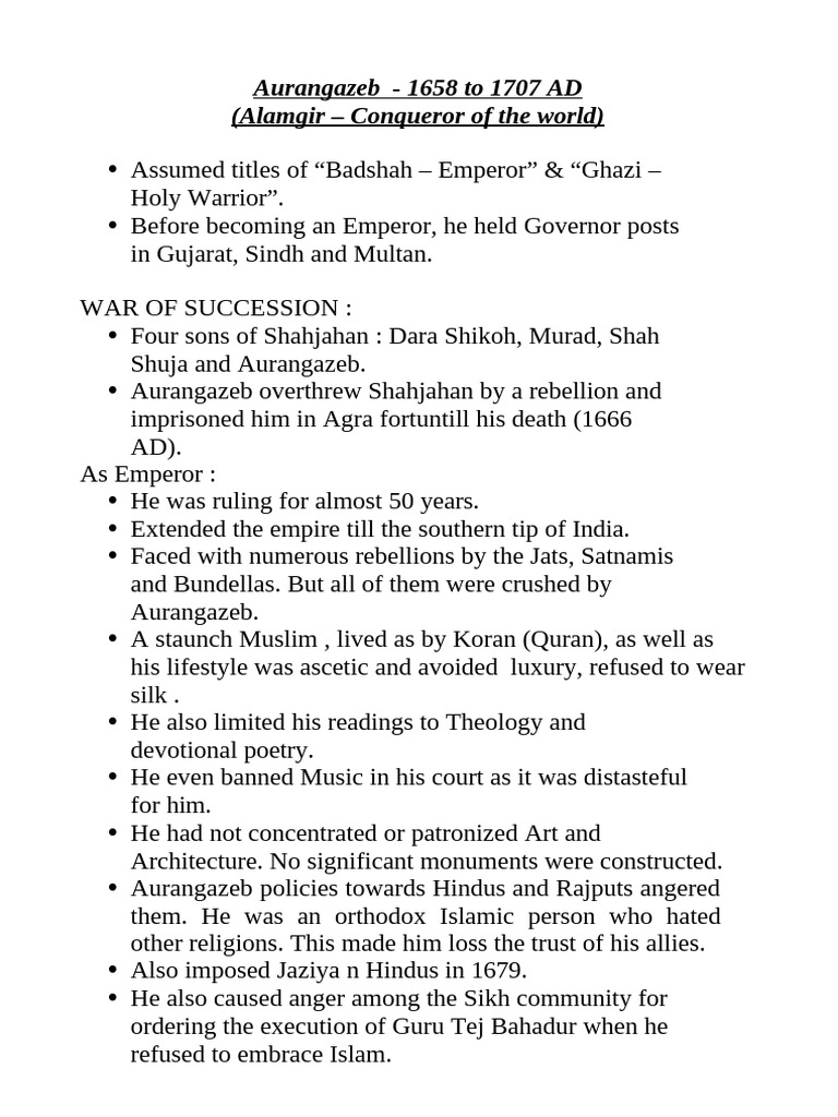 Aurangzeb: Reign, Policies, and Decline | PDF | Mughal Empire