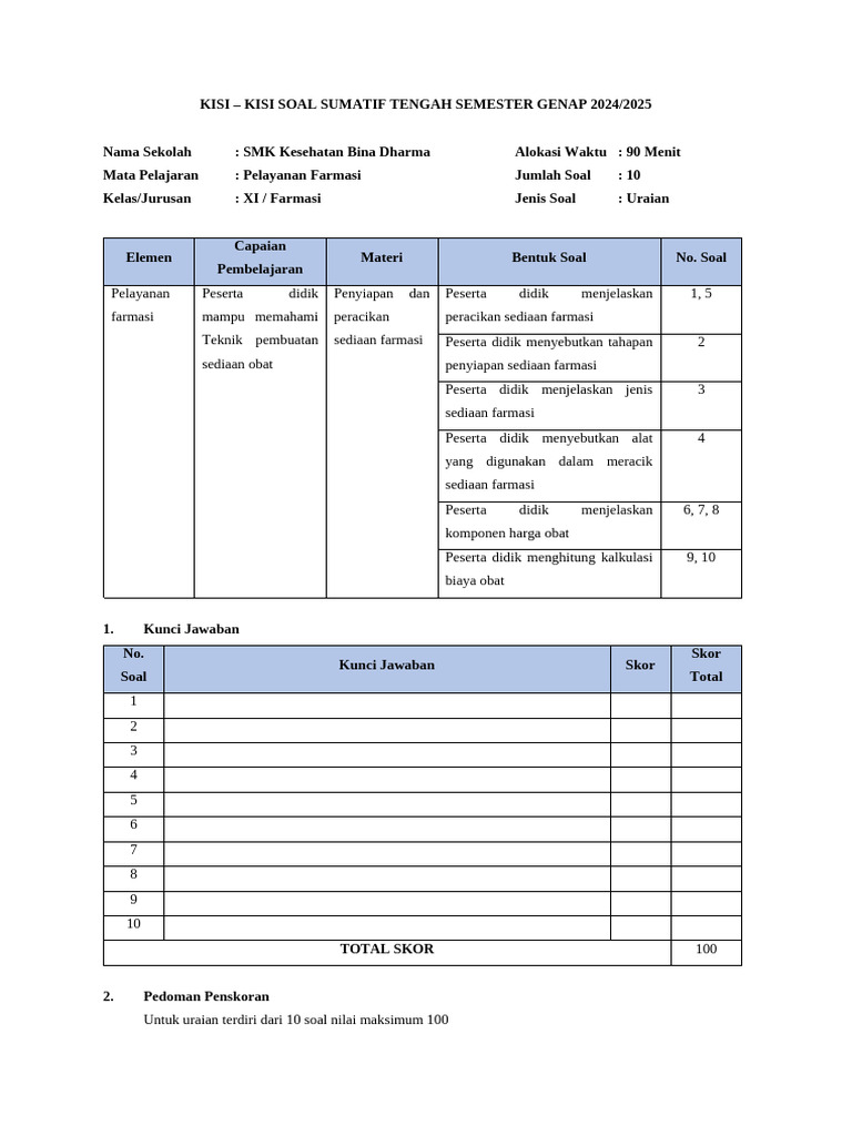 Kisi - Kisi STS Genap Pelayanan Farmasi - Kelas XI | PDF