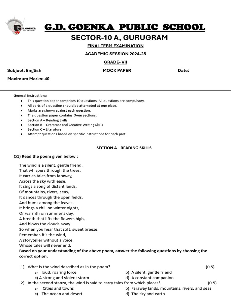 G7 English Mock Paper and Answer Key | PDF | Gravity | Isaac Newton
