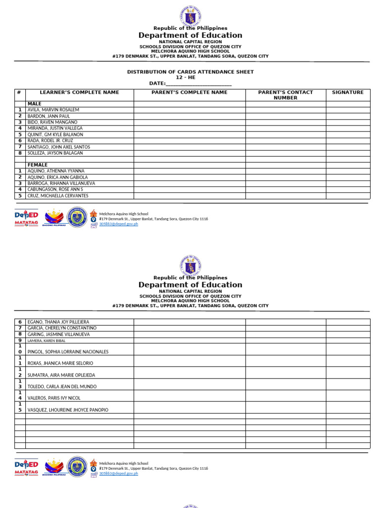 Melchora Aquino High School Attendance Sheet | PDF | Philippines