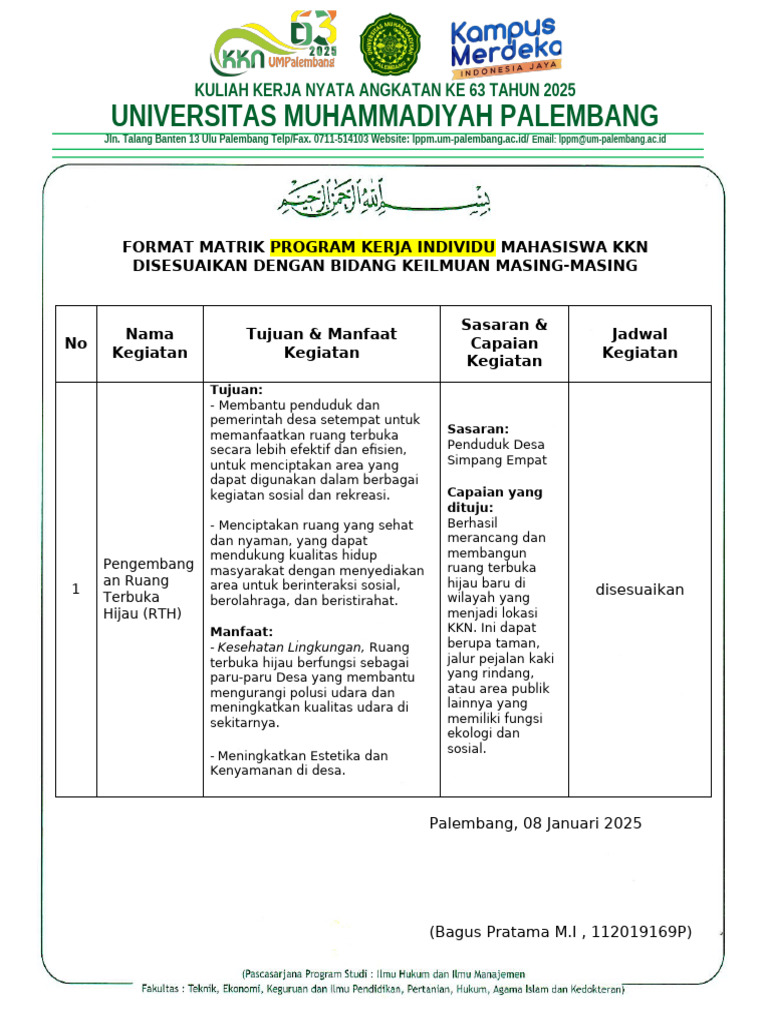 PROGRAM INDIVIDU KKN 63 TAHUN 2025 Bagus Pratama M.I | PDF