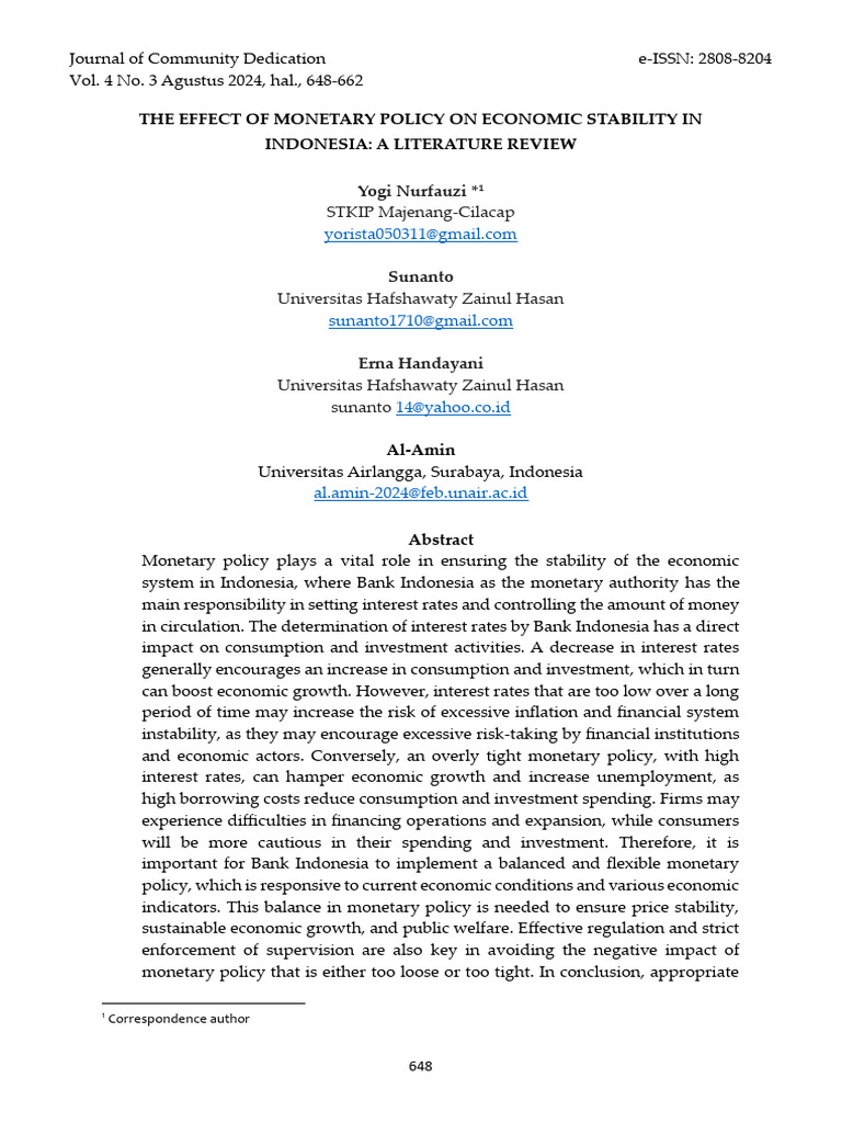 The Effect of Monetary Policy On Economic Stability in Indonesia: A ...
