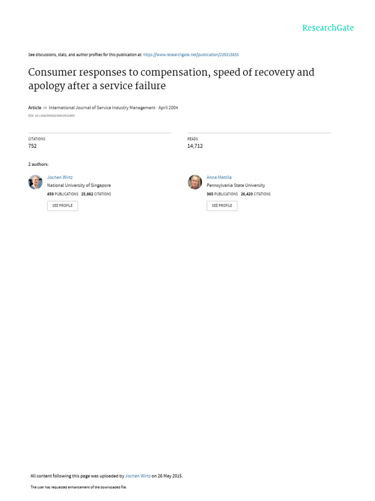 Consumer Responses To Compensation, Speed of Recovery and Apology After ...