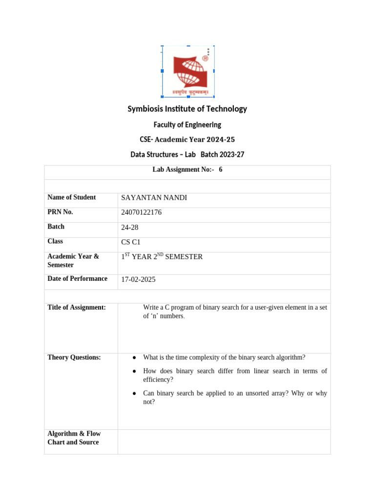PICL Assi 6 7 - Write A C Program To Write A C Program For Binary Serach and Matrix Operations ...