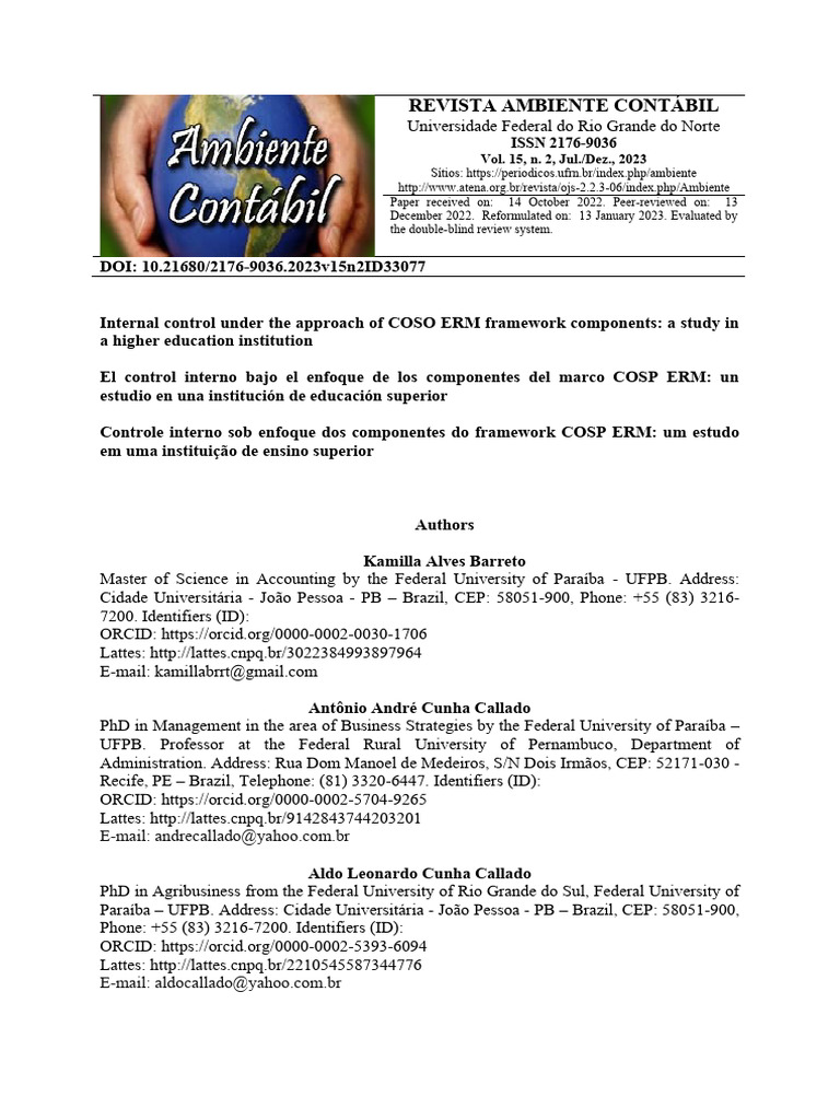 Internal Control Under The Approach of COSO ERM FR | PDF