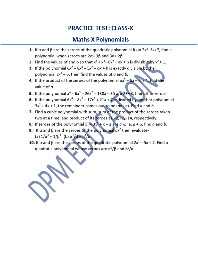 Class X Maths Polynomials Practice Test | PDF