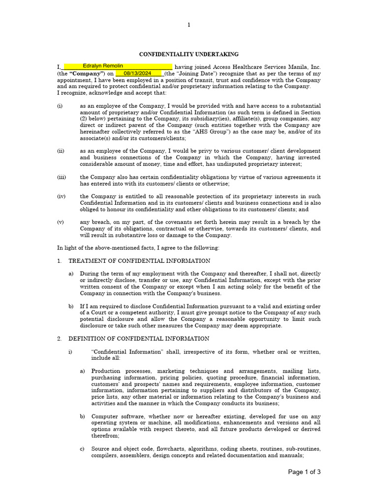Philippines Confidentiality Undertaking 2 | PDF | Confidentiality | Employment