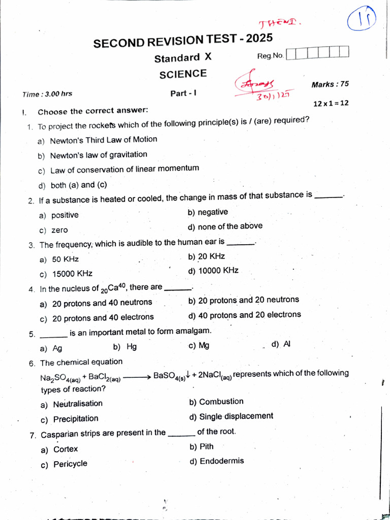 10th Science 2nd Revision Exam 2025 Original Question Paper Theni ...
