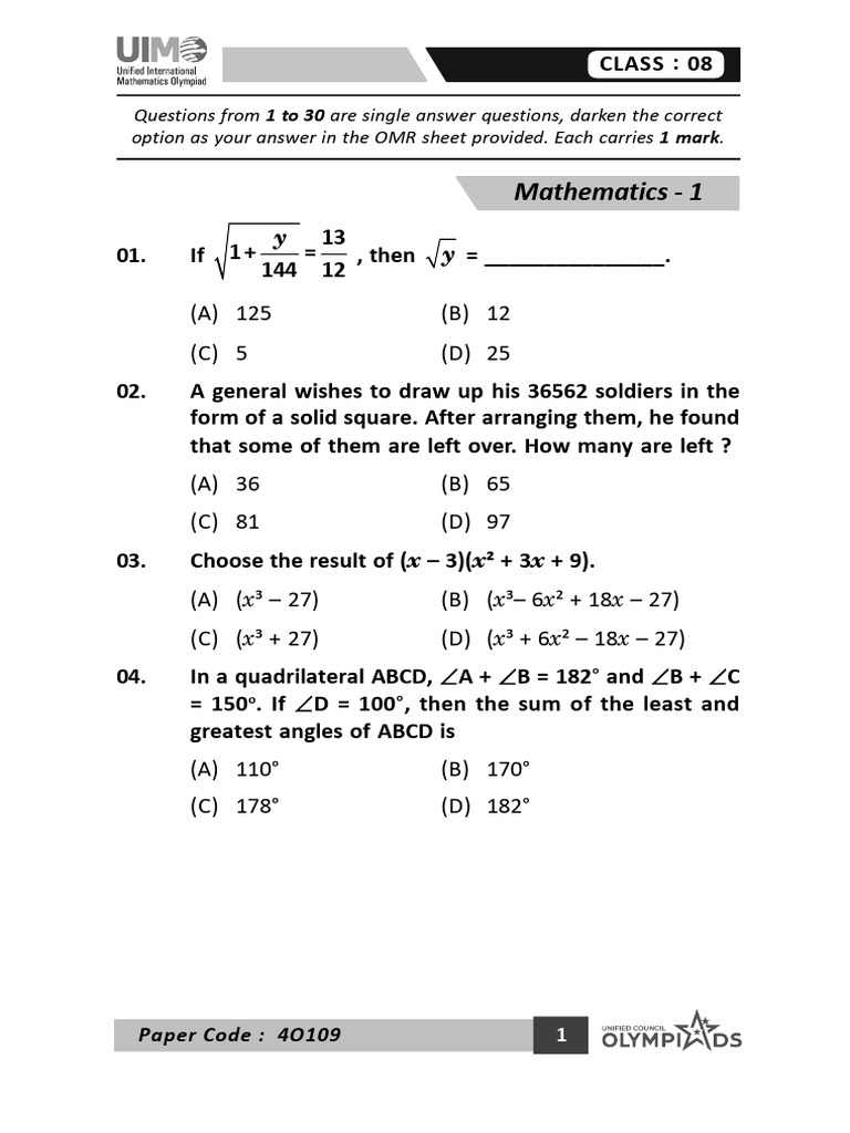 CLASS 8 UIMO-2024-25-Paper 4O109 | PDF