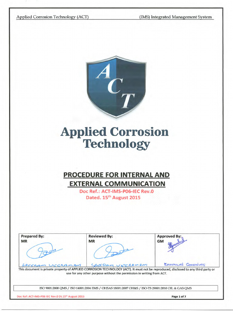 ACT-IMS-P06-IEC-Rev 0 Dt. 15th August 2015 Procedure For Internal & External Communication | PDF