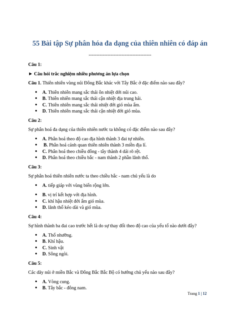 55 Bai Tap Su Phan Hoa Da Dang Cua Thien Nhien Co Dap An 2025-02-22 | PDF