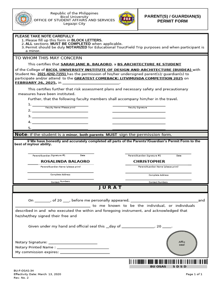 Bu F Osas 34 Parents Permit Jurat | PDF | Notary Public | Legal Documents