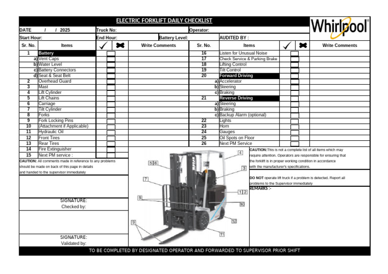 Electric Forklift Inspection Guide | PDF | Forklift | Vehicles