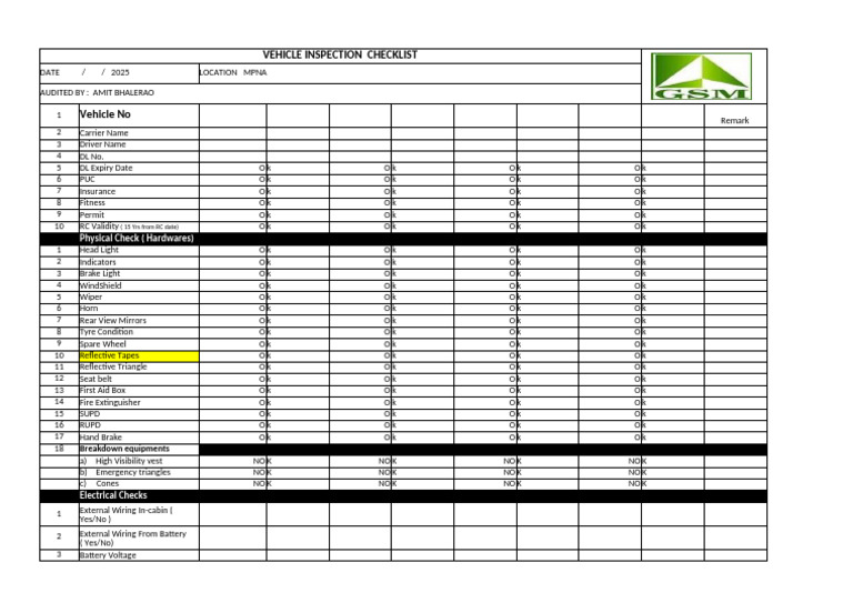 Vehicle Inspection Checksheet Format | PDF | Vehicles | Transport