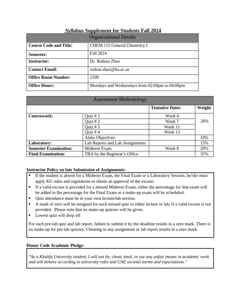 Chem 115 Syllabus Supplement for Students_Fall2024 | PDF | Chemistry | Quantum Chemistry