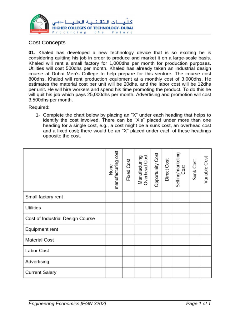 TOT1 Cost Classification 202020 | PDF | Cost | Business