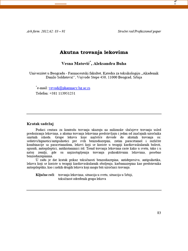 Akutna Trovanja Lekovima: Vesna Matovi, Aleksandra Buha | PDF