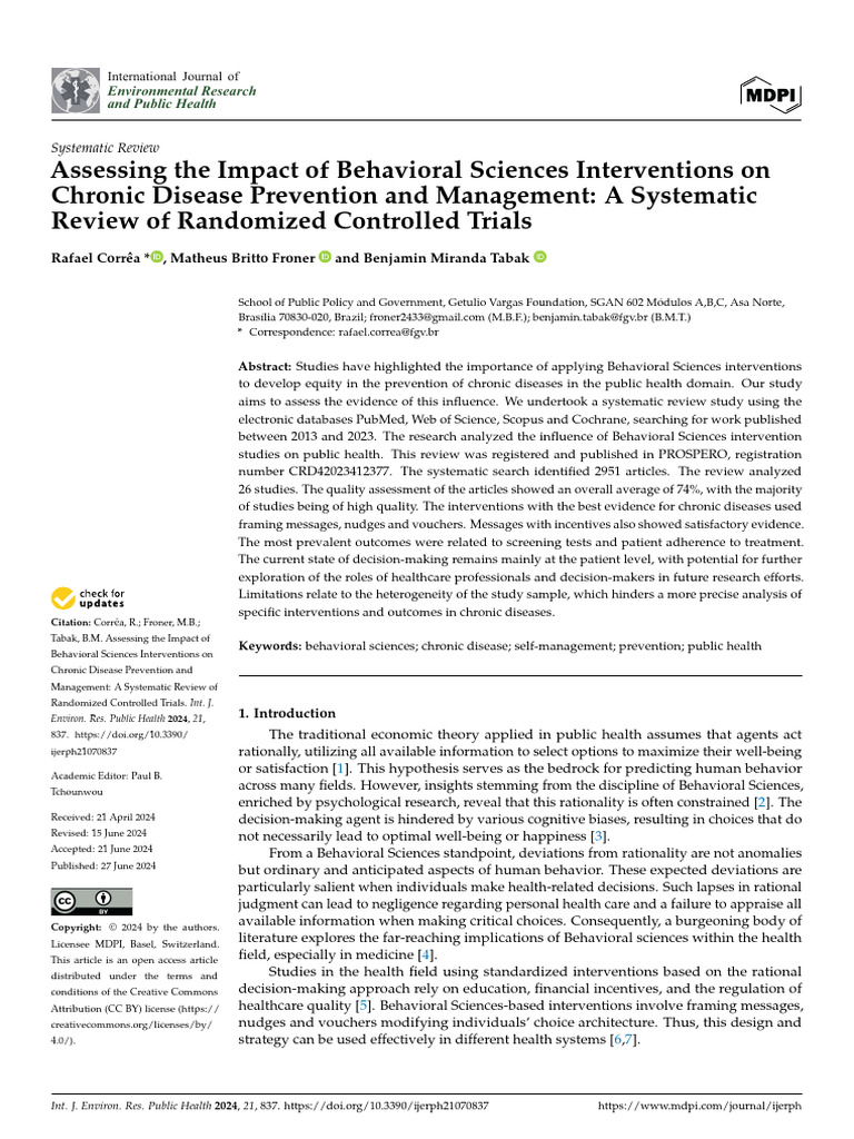 Assessing The Impact of Behavioral Sciences Interventions On Chronic Disease Prevention and ...