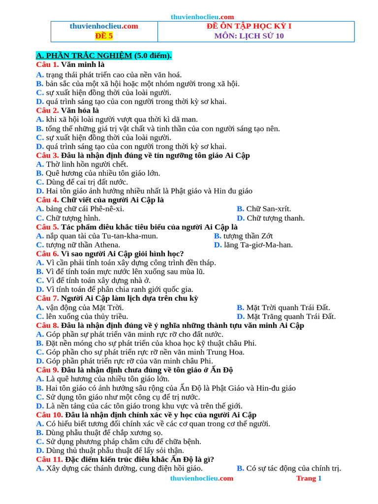 De On Tap HK1 Lich Su 10 KNTT de 5 | PDF