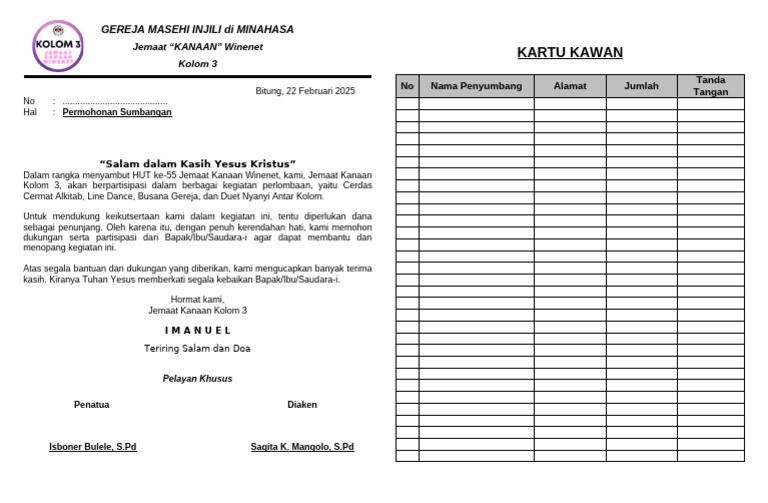 Format Kartu Kawan Kegiatan Gerejawi | PDF