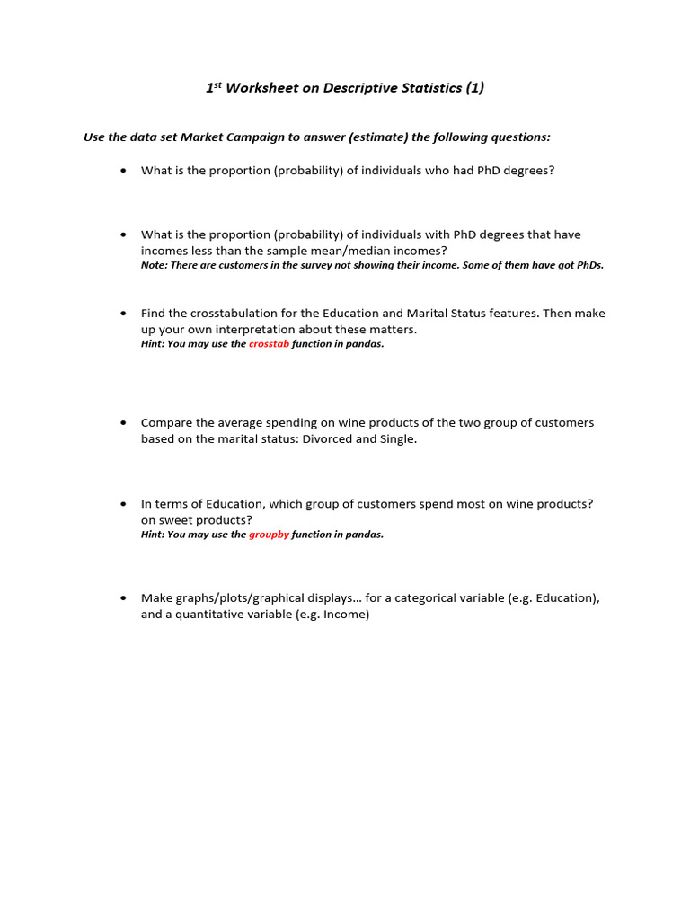 1st Worksheet On Descriptive Statistics - 1 | PDF