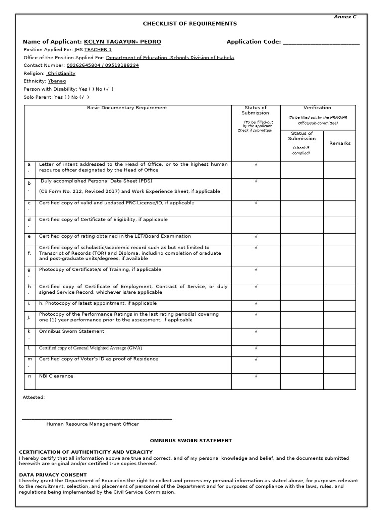 ANNEX C Checklist of Requirements and Omnibus Sworn Statement | PDF