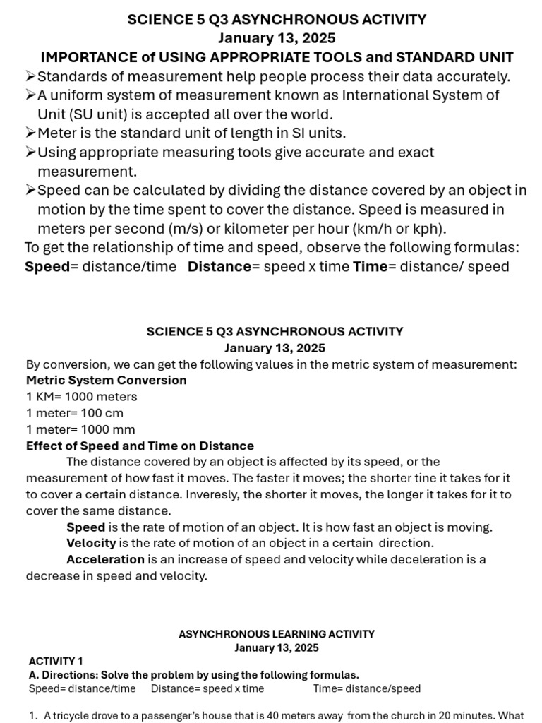 Asynchronous SCIENCE LAS Q3 - Jan.132025 | PDF | Speed | Acceleration