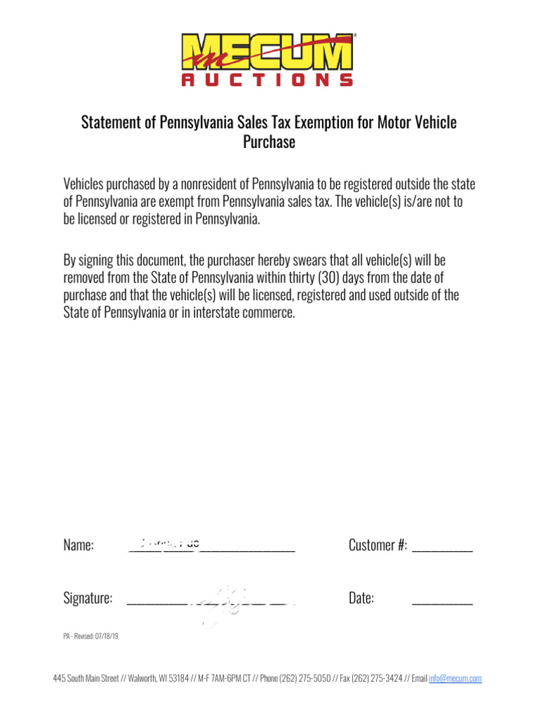PA Vehicle Sales Tax Exemption Form | PDF