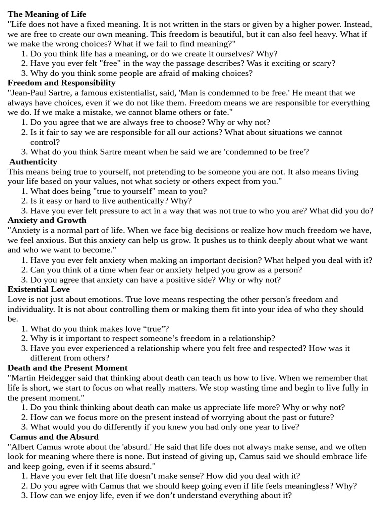 Speaking Topics - Existentialism and Questions | PDF | Existentialism ...