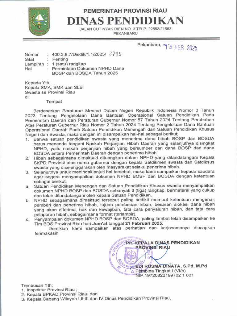 Surat Permintaan Dokumen NPHD Dana BOSP Dan BOSDA Tahun 2025 | PDF