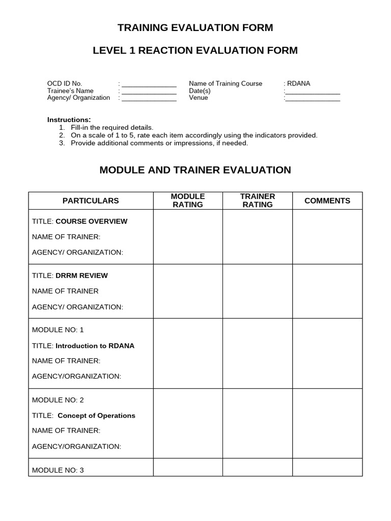 RDANA - Level 1 Reaction Evaluation Form | PDF