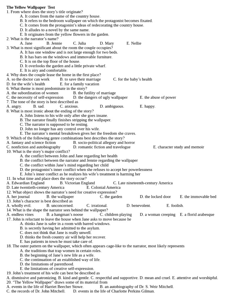 "The Yellow Wallpaper" Quiz | PDF | The Yellow Wallpaper