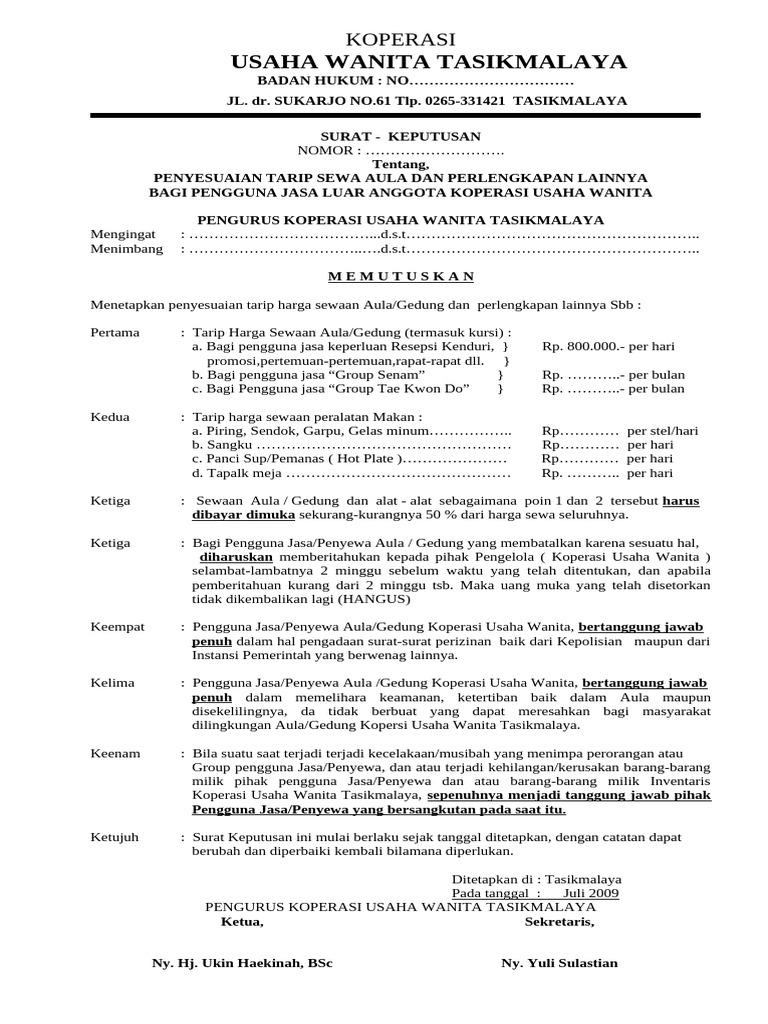 Surat Keputusan Tarip Sewa Aula | PDF