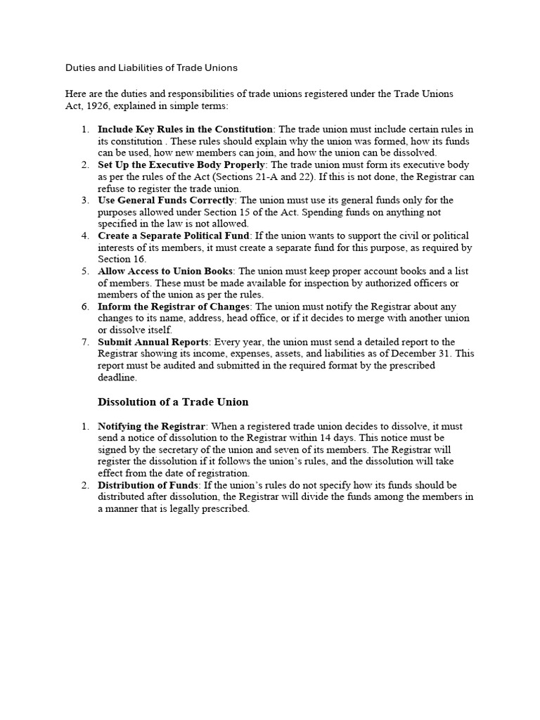 Duties and Liabilities of Trade Unions | PDF
