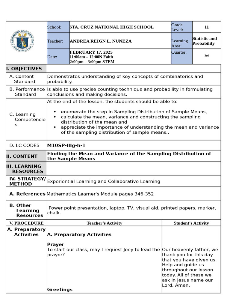 Finding Mean And Variance In Sampling Distribution Of The Means Final Pdf Variance
