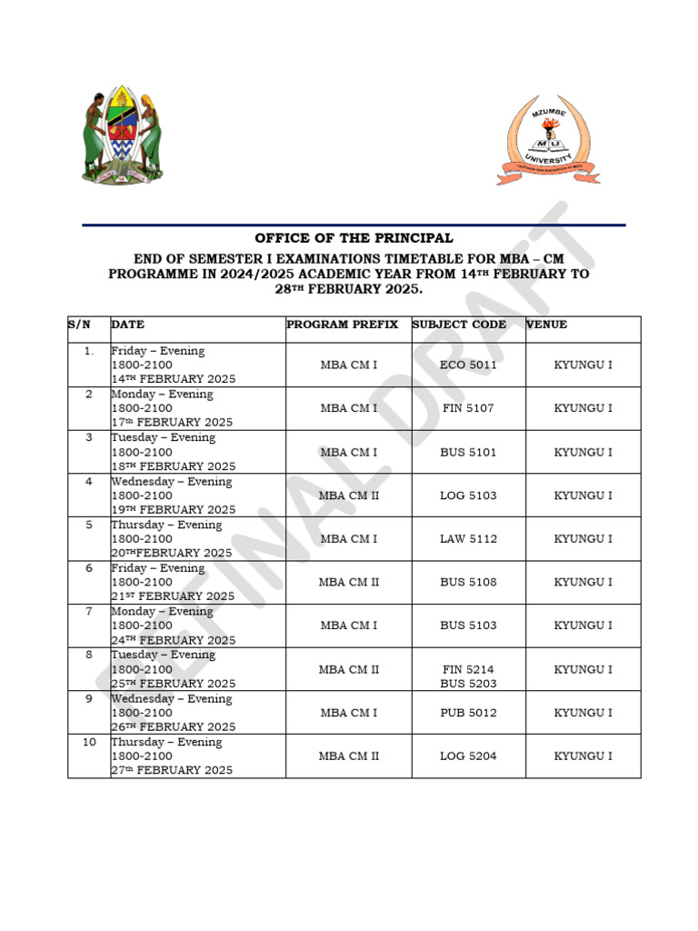 Ue Timetable For Mba Sem I (2025) Refinal | PDF