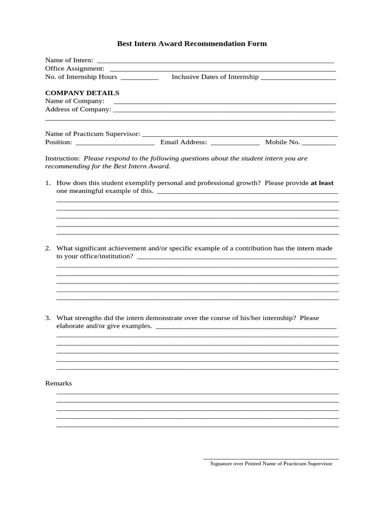 Best Intern Award Recommendation Form | PDF
