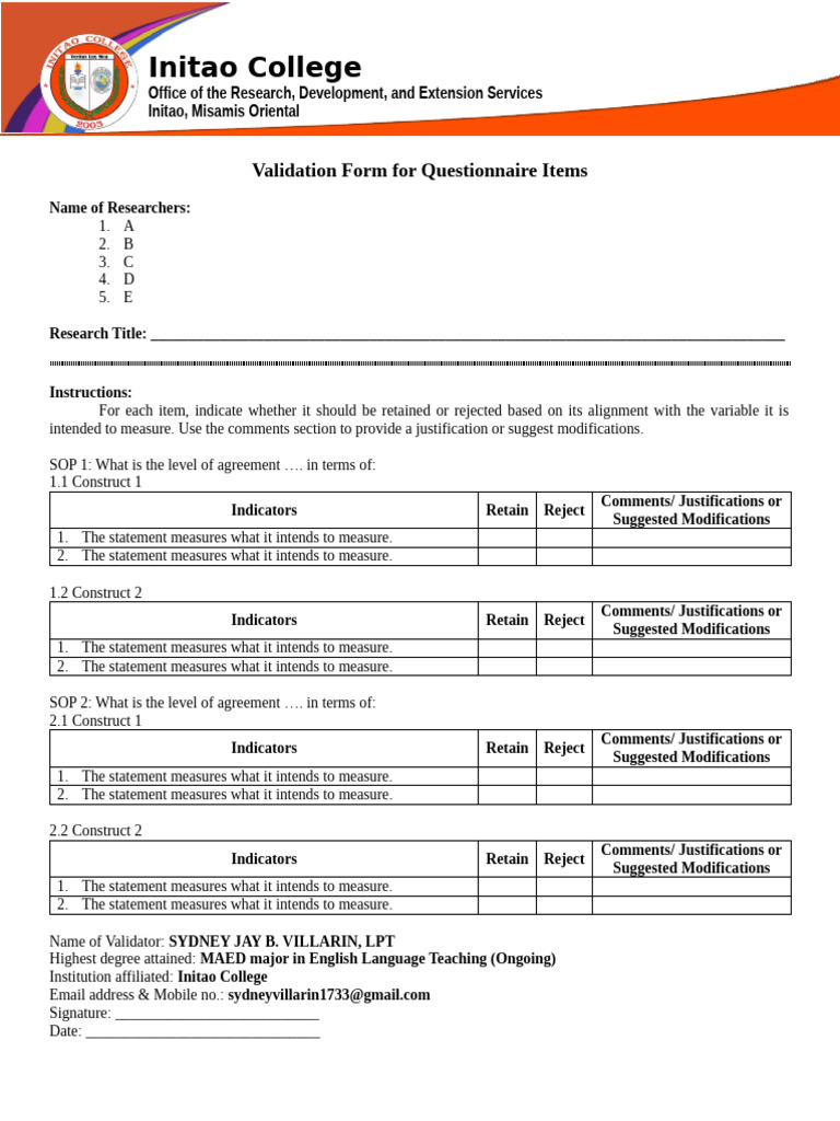 2_Validation Form for Questionnaire Items | PDF