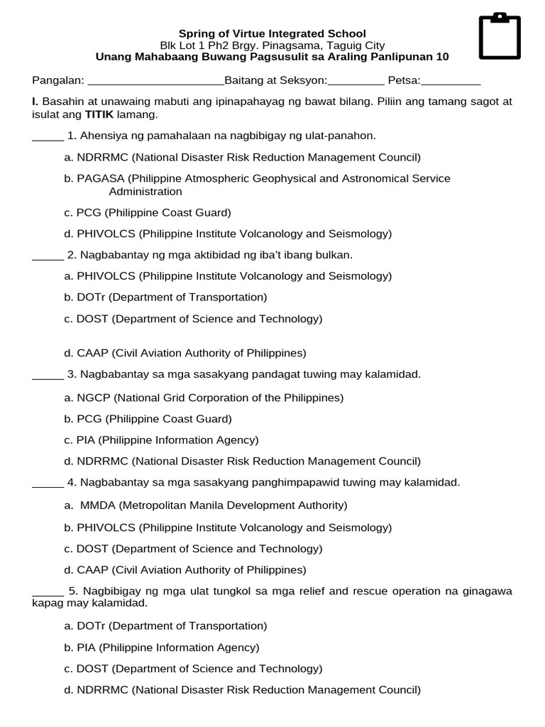 1st Monthly Long Exam - AP 10 | PDF