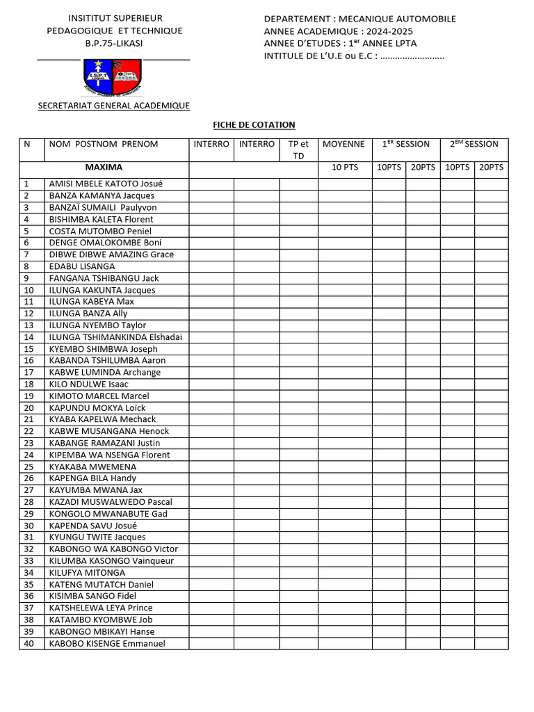 Fiche de Cotation 2024-2025 | PDF