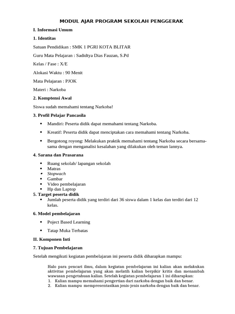 Modul Ajar PSP Narkoba | PDF
