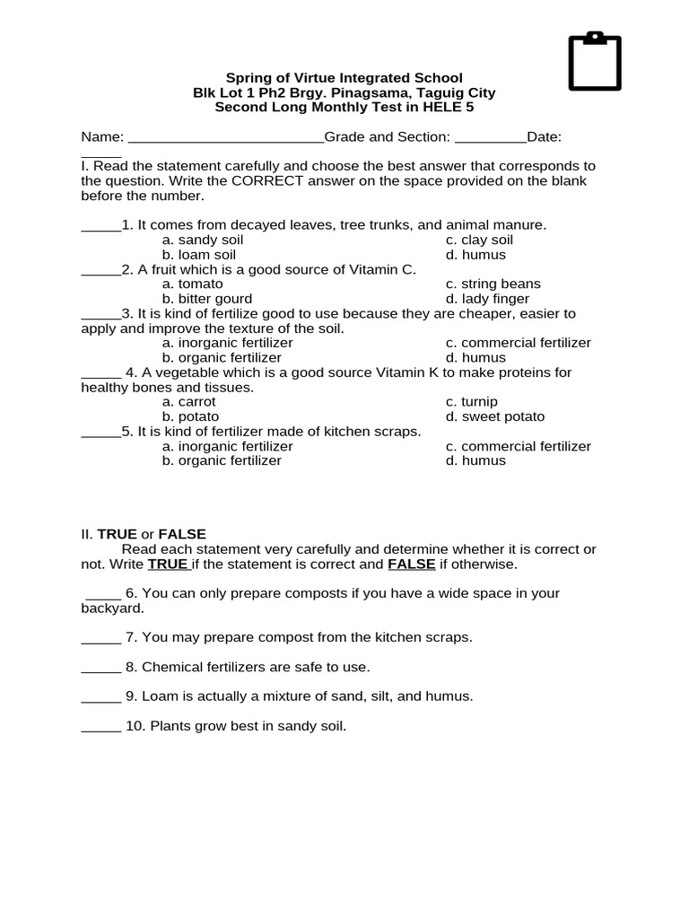 HELE 5 Monthly Test: Soil & Fertilizers | PDF