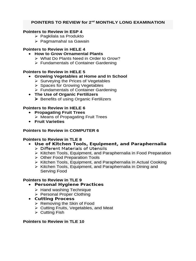 POINTERS TO REVIEW (2nd Long Monthly Examination - SY 2020-2021) | PDF
