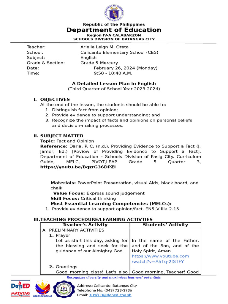 Grade 5 Lesson Plan: Fact vs. Opinion | PDF