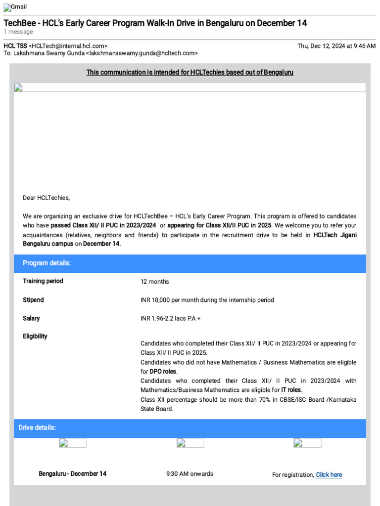 Gmail - TechBee - HCL's Early Career Program Walk-In Drive in Bengaluru ...