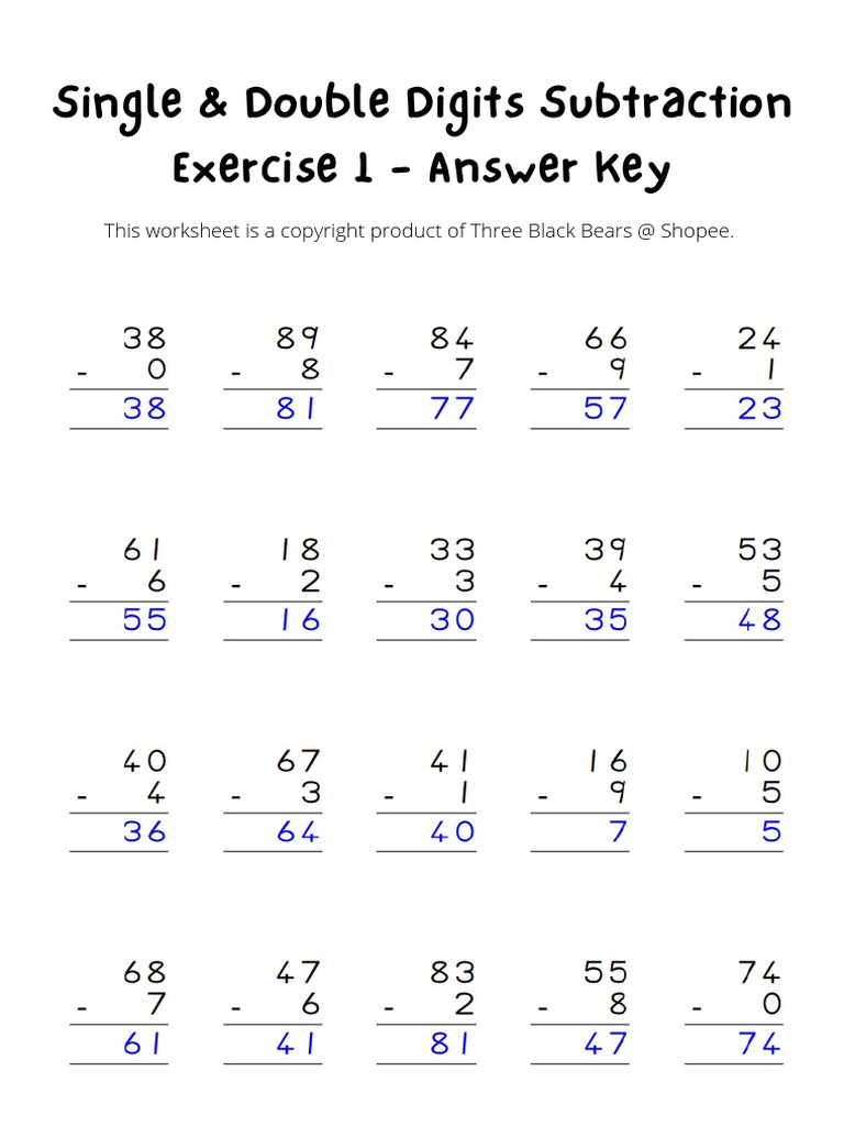 1&2 Digits Subtraction Answer | PDF