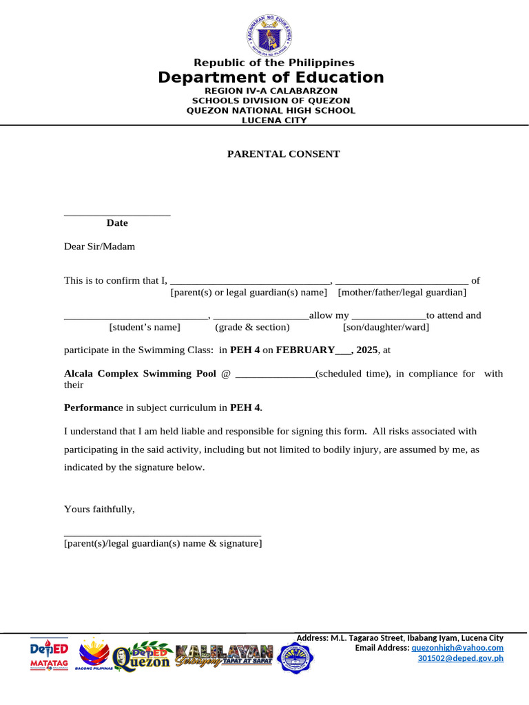 Parental Consent SWIMMING DepEd Official Template A4 - Matatag 1 | PDF